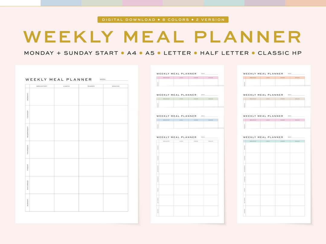 Printable Meal Planner and Grocery List, Fillable, 2 Versions | 5 Sizes ...