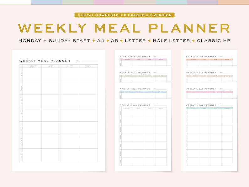 Printable Meal Planner and Grocery List, Fillable, 2 Versions | 5 Sizes ...