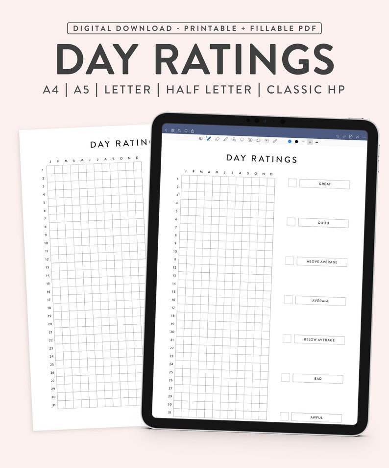 Printable Day Ratings Tracker, A Year in Pixels - Yearly Mood Tracker ...