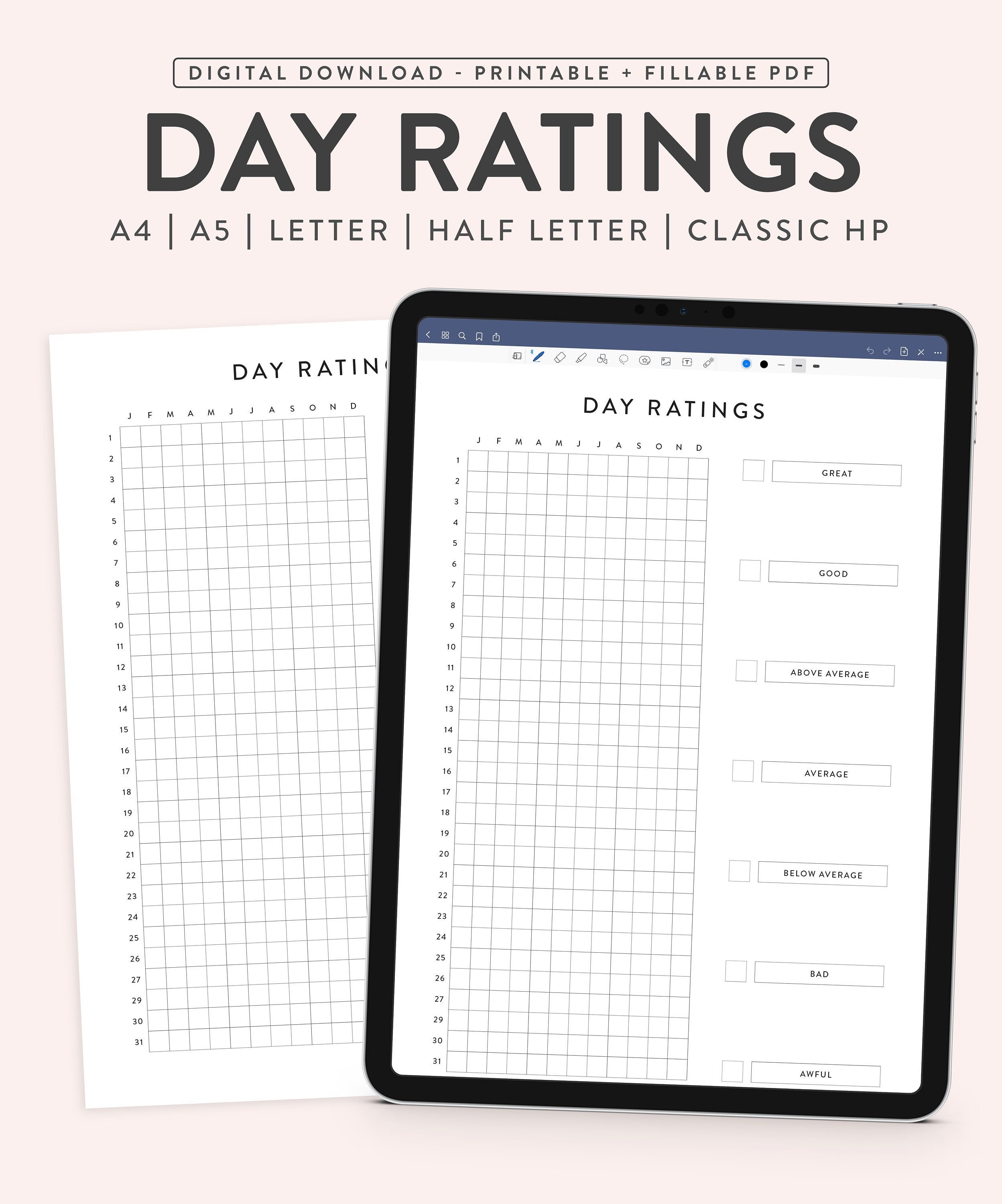 Printable Day Ratings Tracker, A Year in Pixels - Yearly Mood Tracker ...