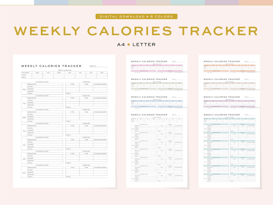 Printable Calorie Tracker / Counter, Fillable Weekly Calories Planner 5 ...