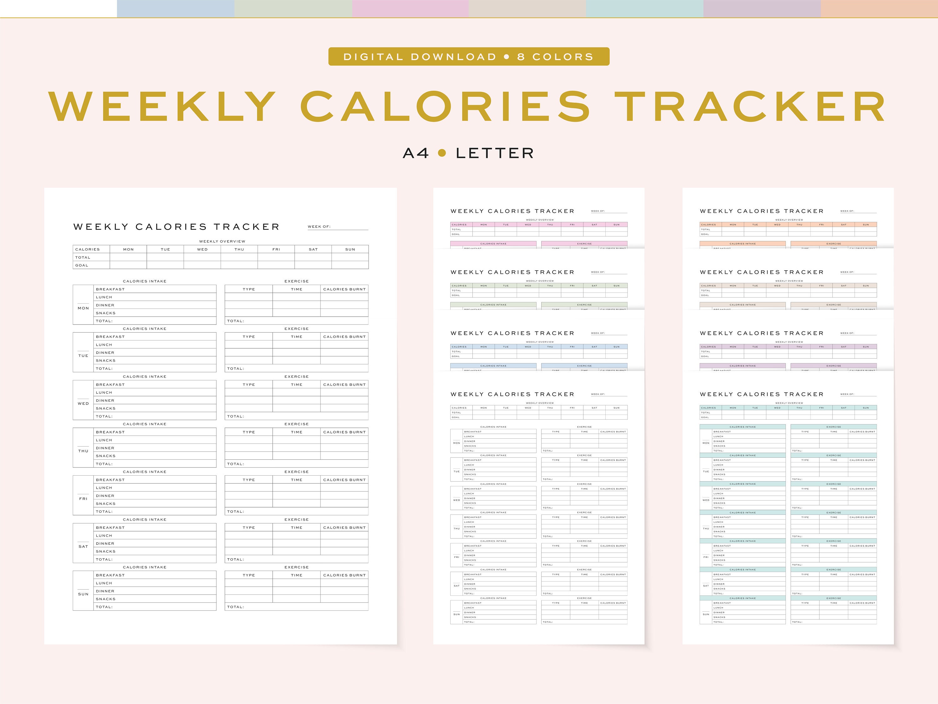Printable Calorie Tracker / Counter, Fillable | Weekly Calories Planner ...