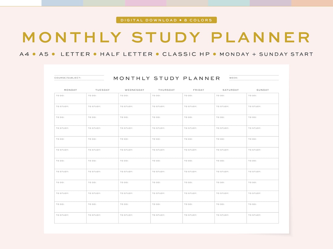 Printable Monthly Study Planner Monthly Student Organizer - Etsy