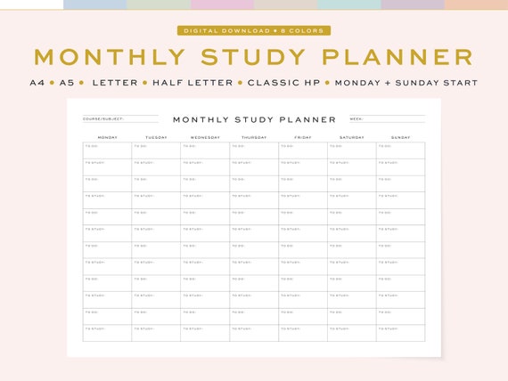 Printable Monthly Study Planner Monthly Student Organizer - Etsy