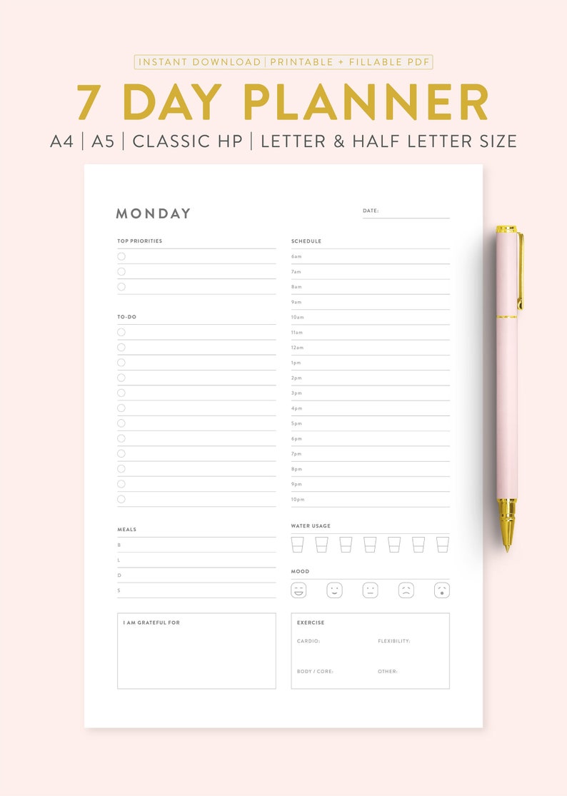 Printable 7-day Planner Fillable Daily Planner Schedule | Etsy UK