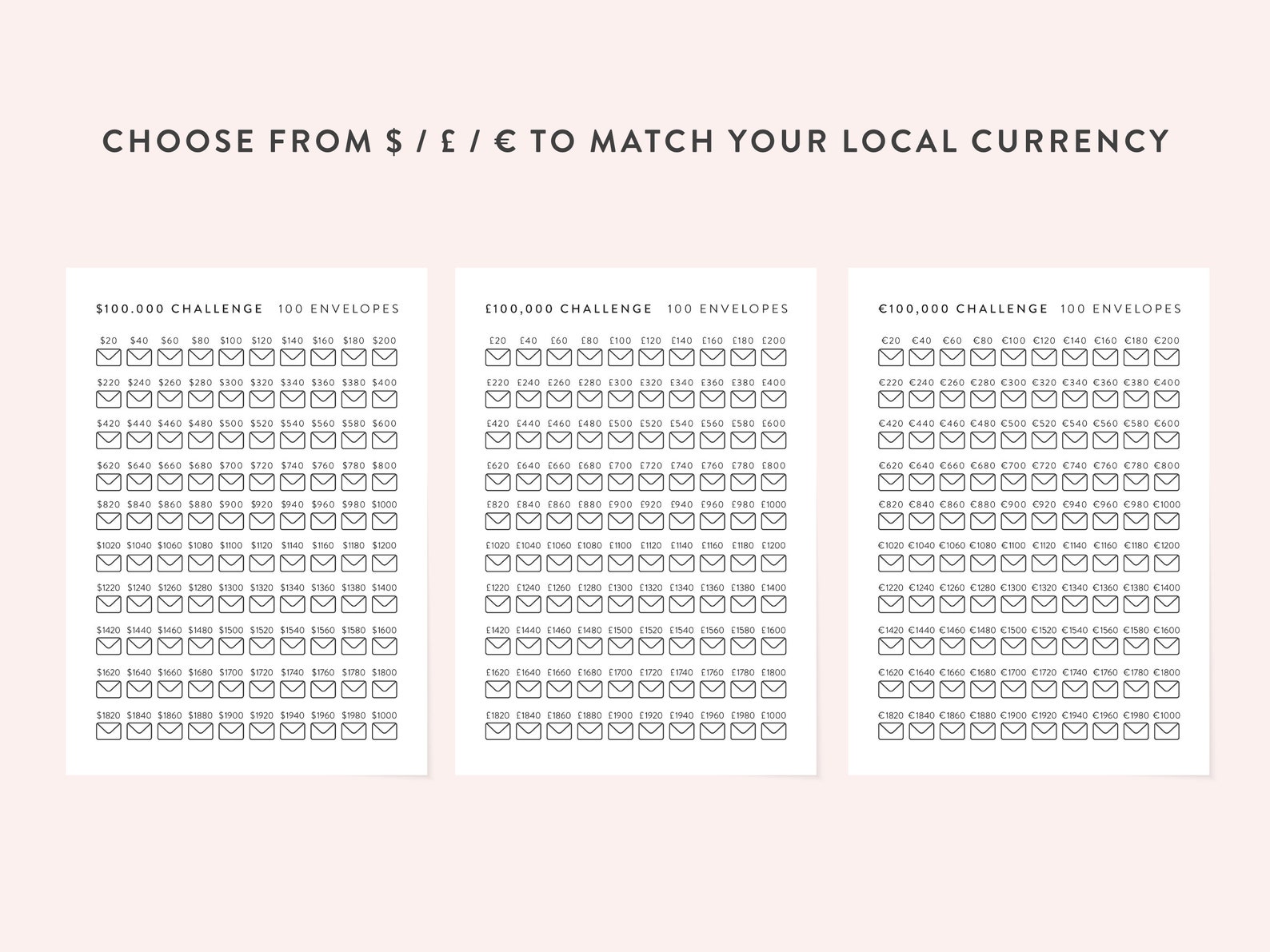 Printable 100K 100 Envelopes Challenge, Fillable 100K Savings Challenge ...