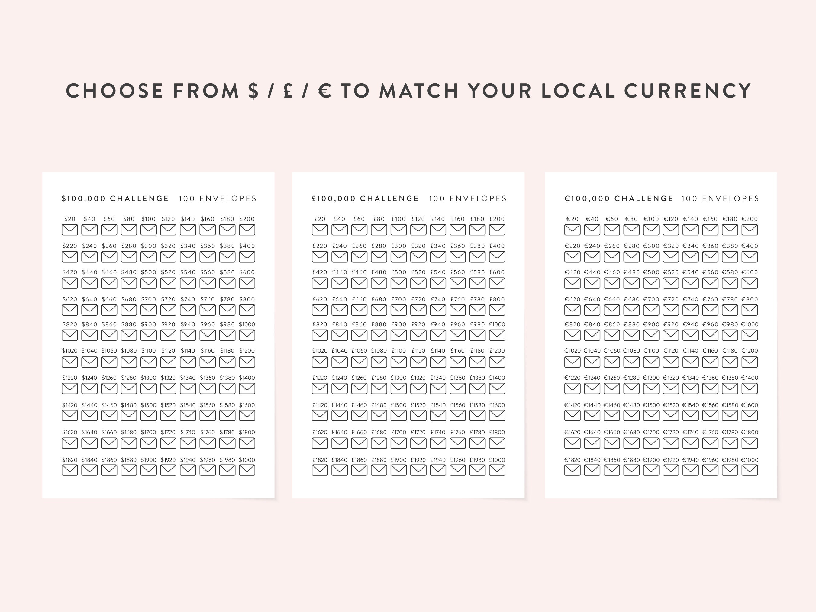 Printable 100K 100 Envelopes Challenge, Fillable 100K Savings Challenge ...