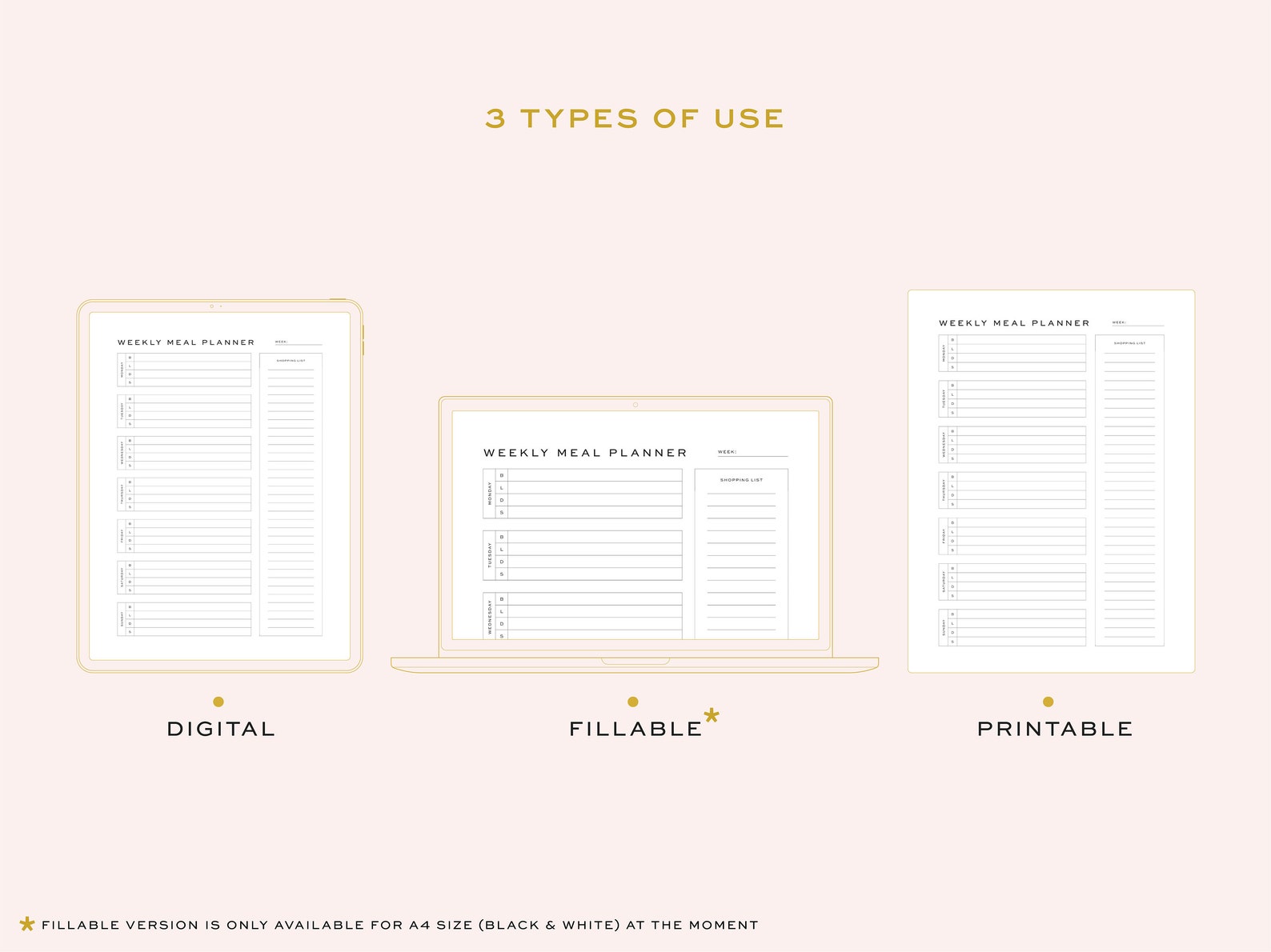Printable Meal Planner and Grocery List, Fillable, 2 Versions 5 Sizes ...