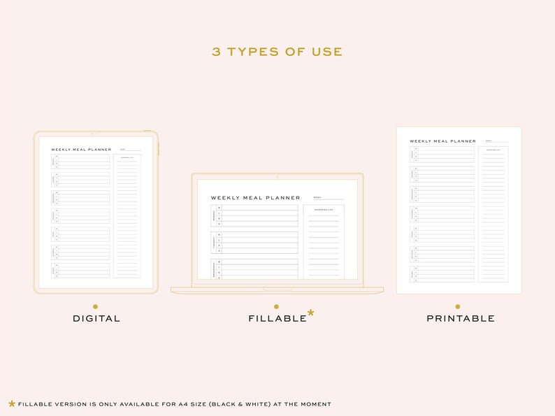 Printable Meal Planner and Grocery List, Fillable, 2 Versions | 5 Sizes ...