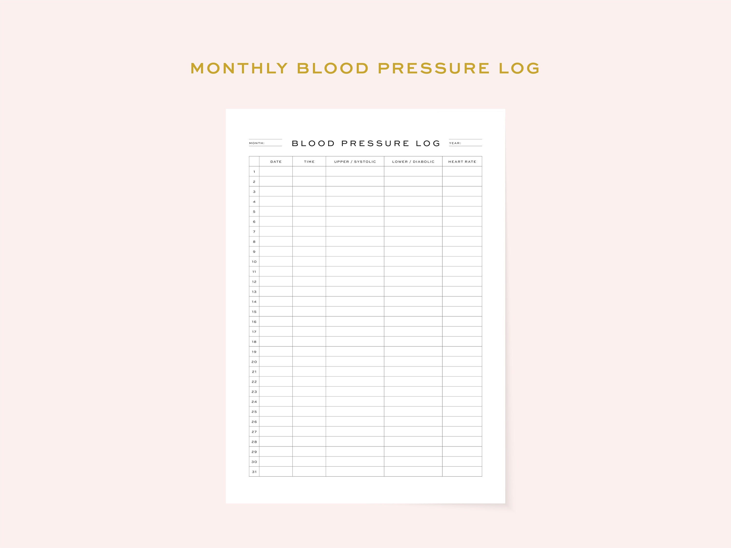 Printable Blood Pressure Log / Tracker, Fillable | Daily / Weekly ...