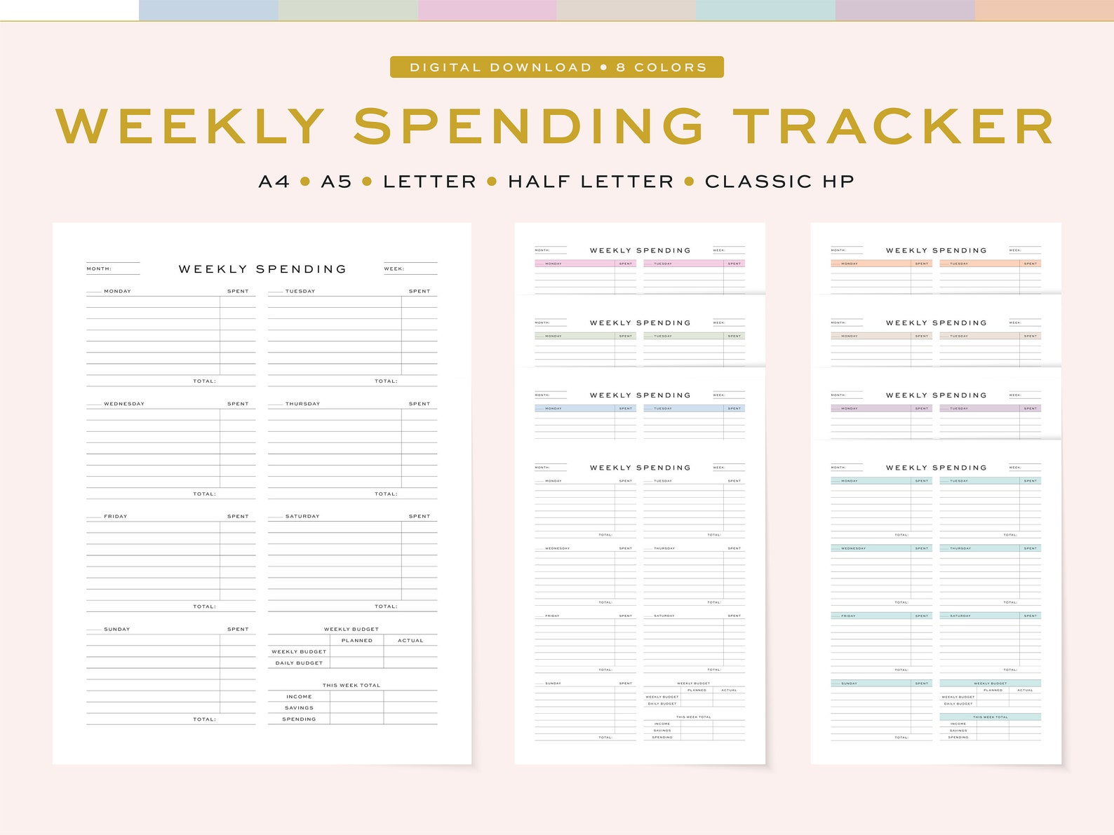 Printable Weekly Spending Tracker Fillable 5 Sizes A4 A5 - Etsy