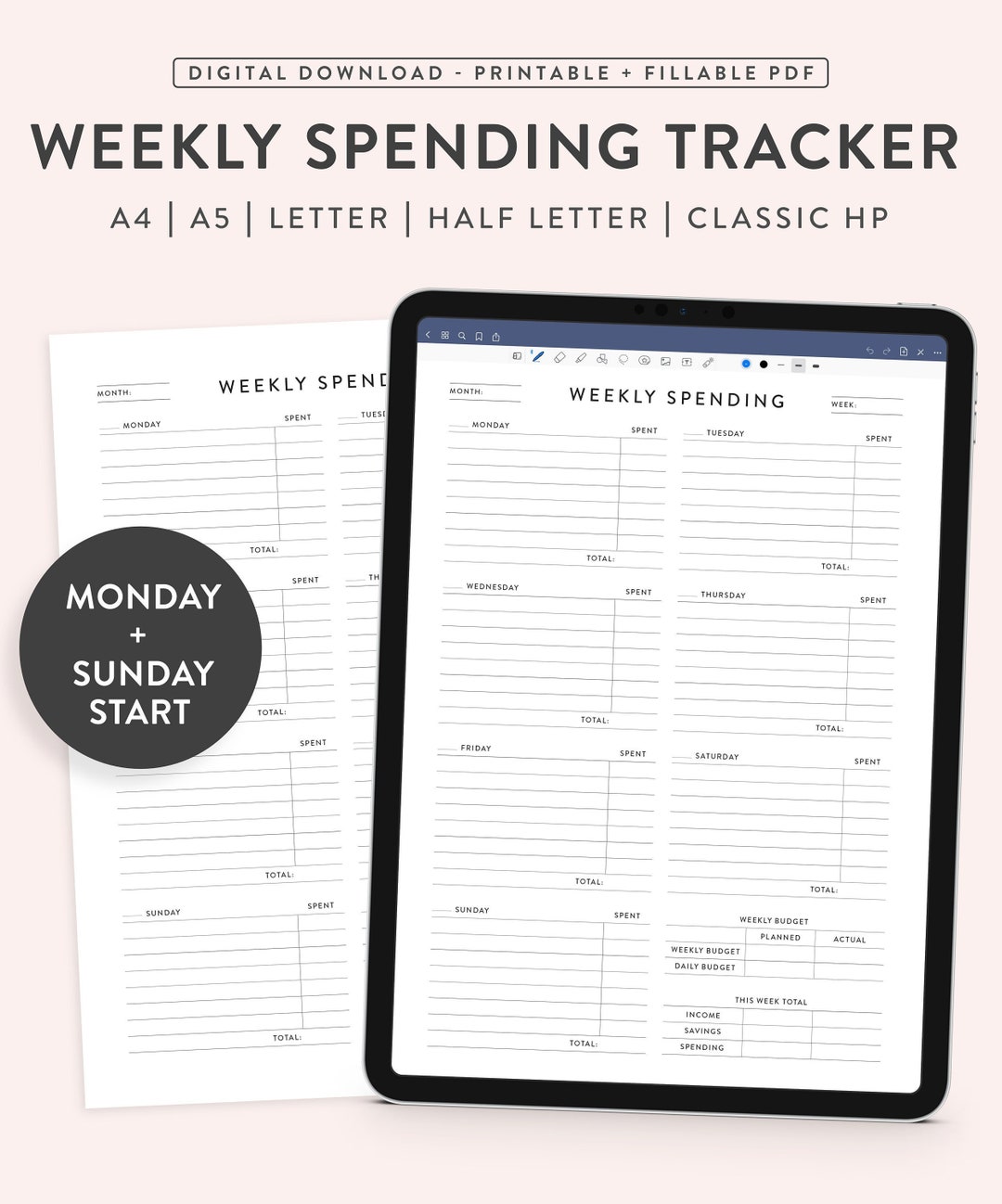 Printable Weekly Spending Tracker Fillable 5 Sizes A4 A5 - Etsy