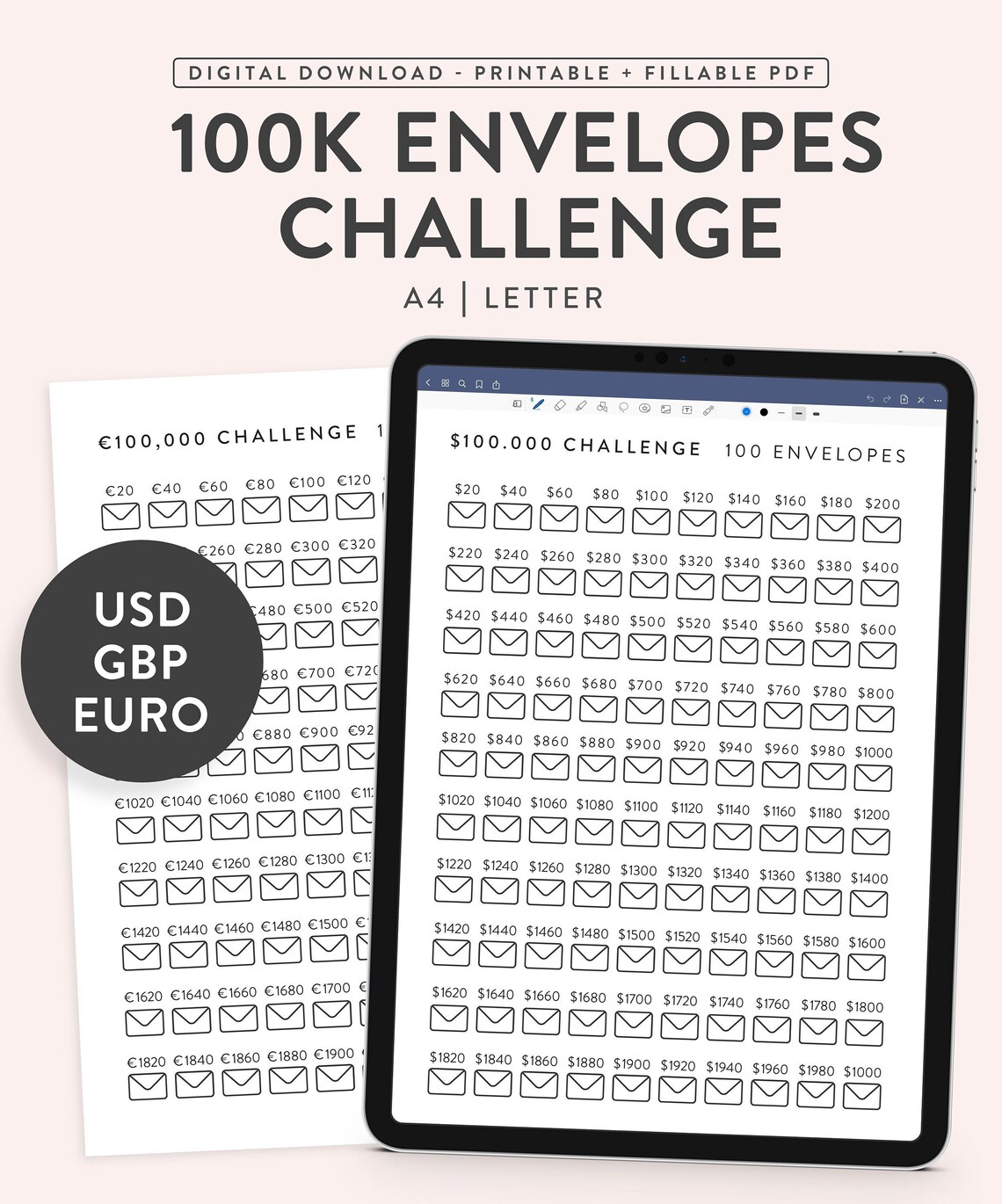 Printable 100K 100 Envelopes Challenge, Fillable 100K Savings Challenge ...