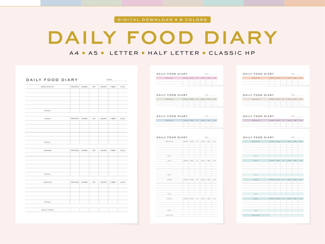 Printable Food Diary, Fillable Daily Food Log, Minimalist Calorie ...