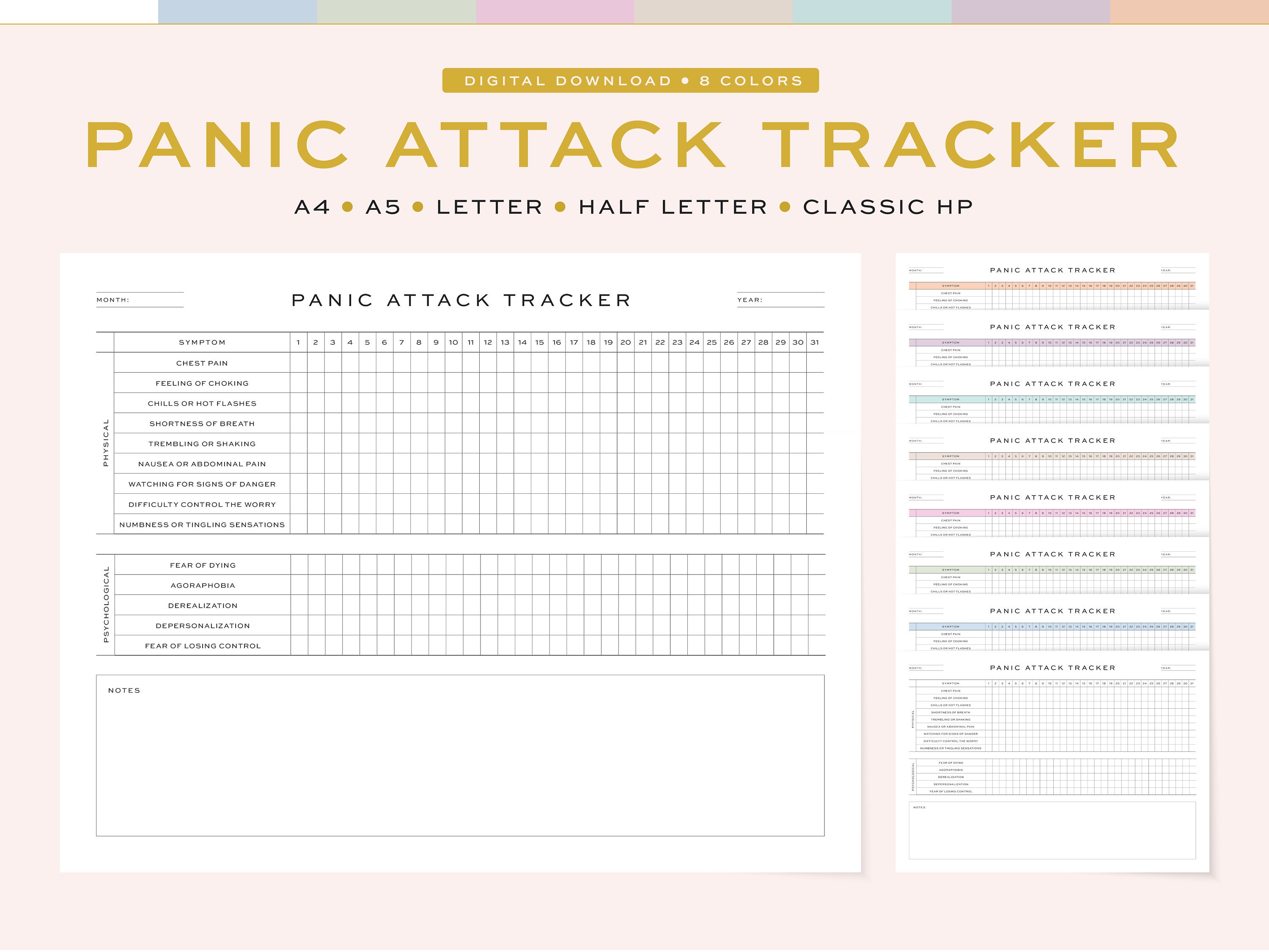 Printable Panic Attack Tracker, Fillable Panic Attack Symptom Tracker 5 ...