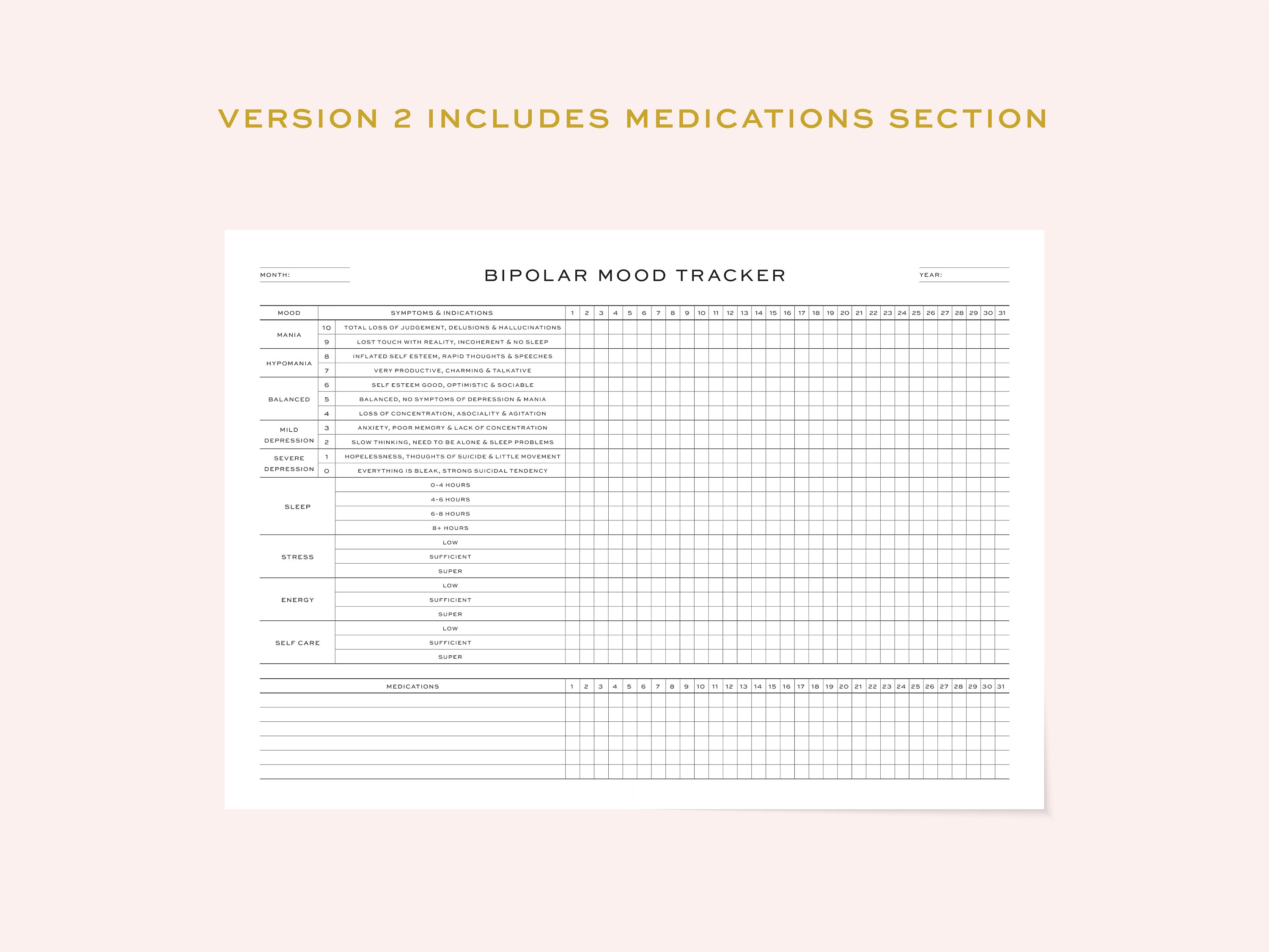 Printable Monthly Bipolar Mood Tracker | A4 & US Letter (digital ...