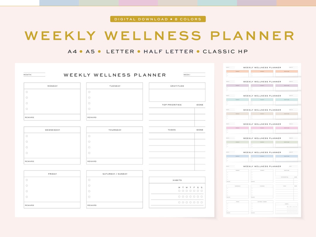 Printable Weekly Wellness Planner, Fillable | Undated Weekly Fitness ...