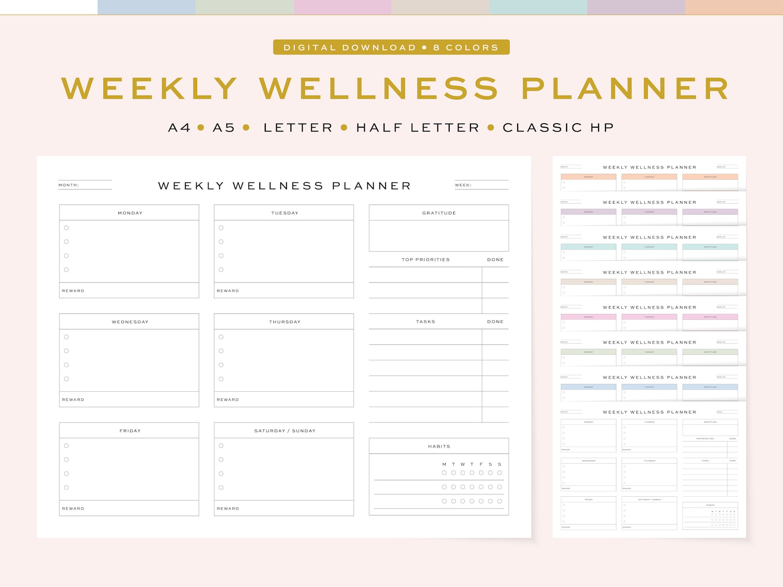 Printable Weekly Wellness Planner, Fillable | Undated Weekly Fitness ...