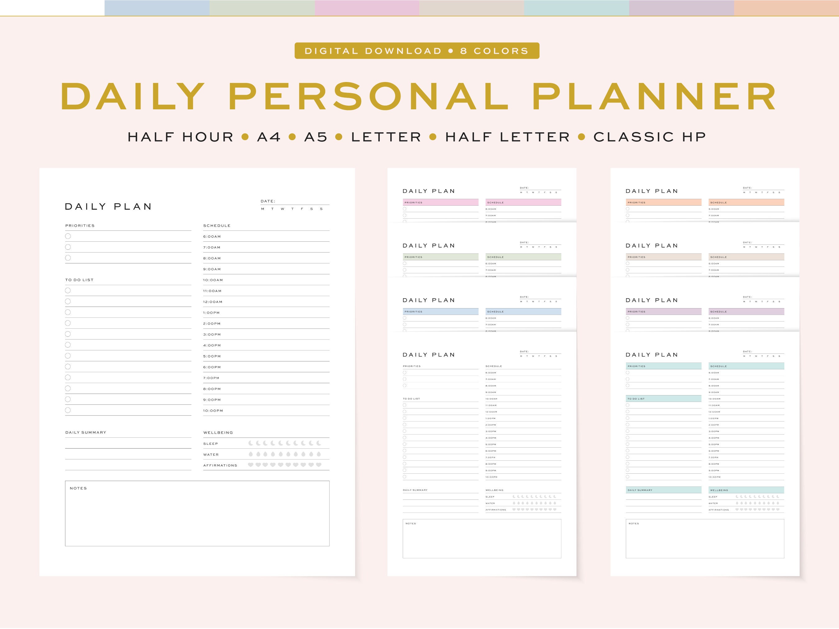 Printable Daily Planner, Fillable Undated Personal Minimal Blank Daily ...
