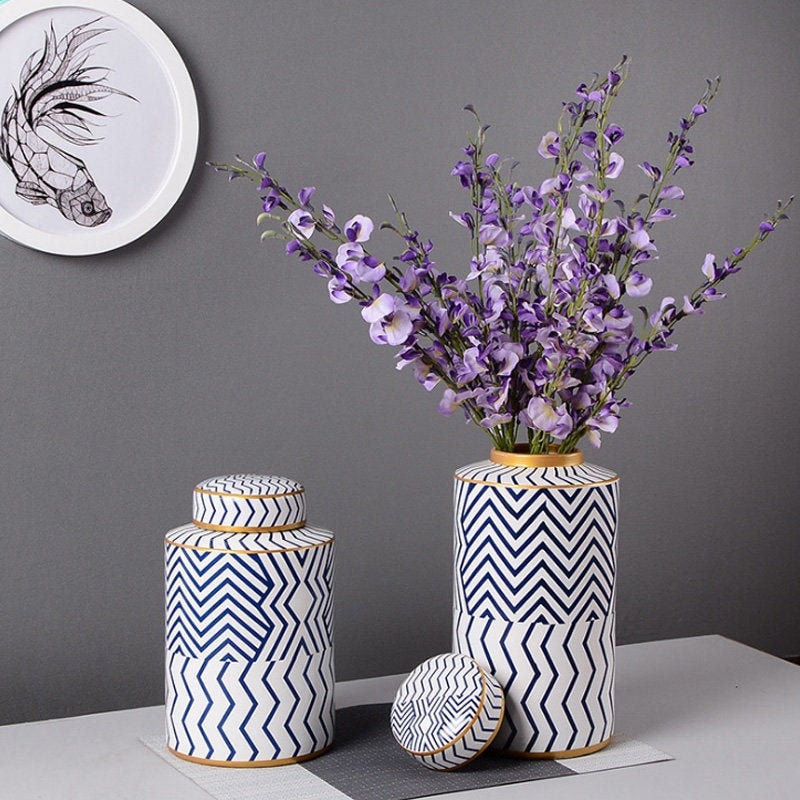 Geometric Ceramic Vase with Lid Blue White Vase Flowers | Etsy
