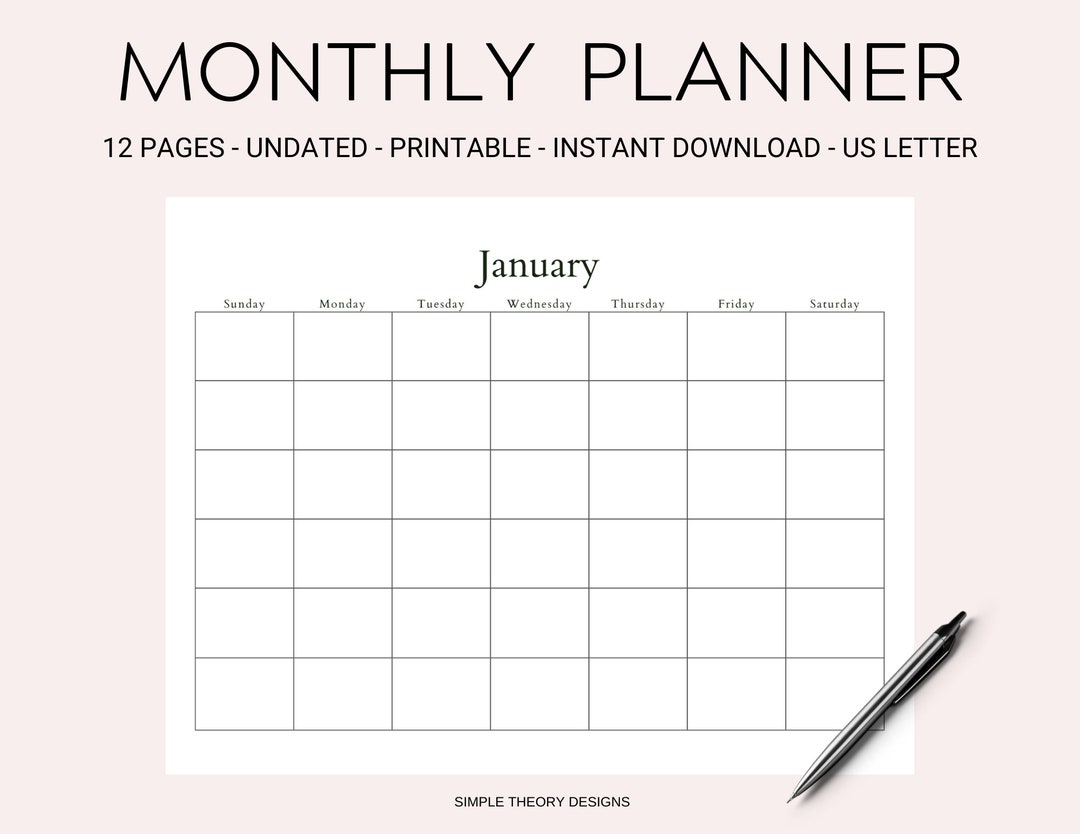 Monthly Blank Calendar Undated 12 Month Calendar Planner Printable - Etsy
