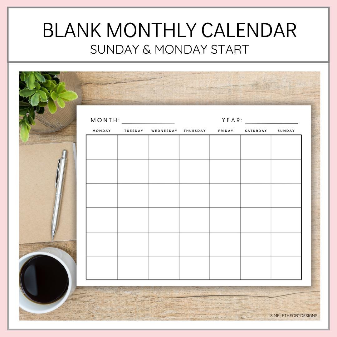 Blank Perpetual Printable Calendar Monthlysunday & Monday Start Simple ...