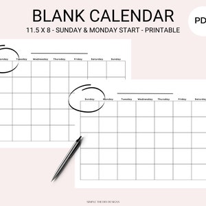 Blank Calendar Sunday & Monday Start Monthly Minimalist Printable ...