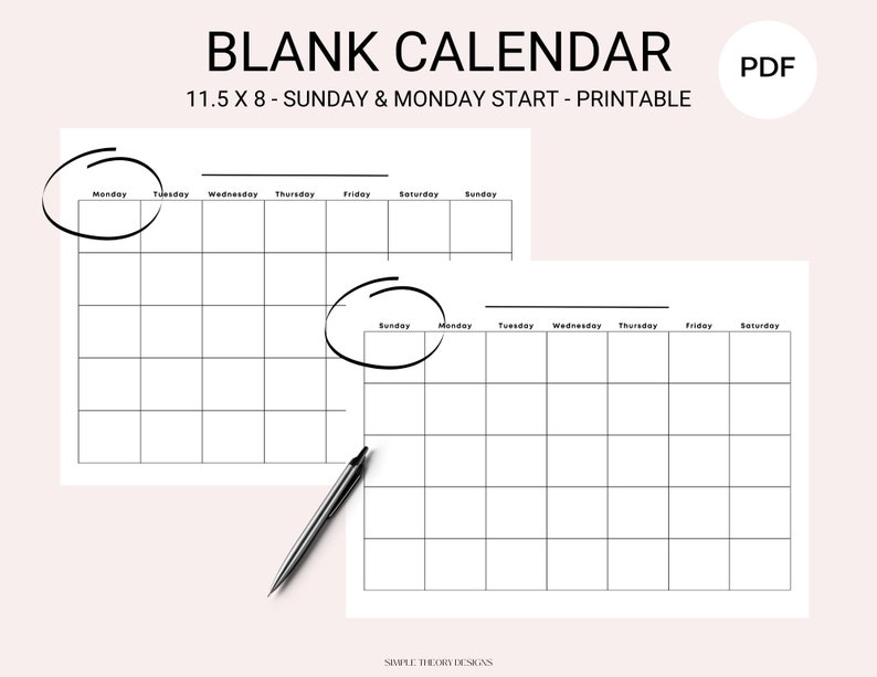 Blank Calendar Sunday & Monday Start Monthly Minimalist Printable ...