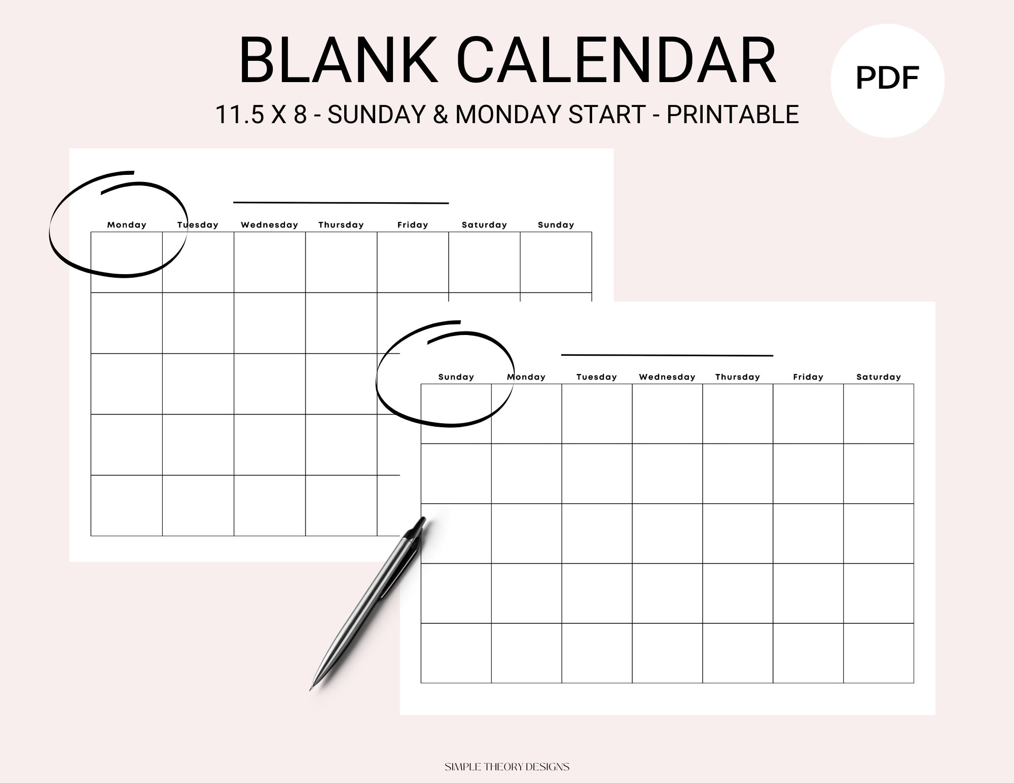 Blank Calendar Sunday & Monday Start Monthly Minimalist Printable ...