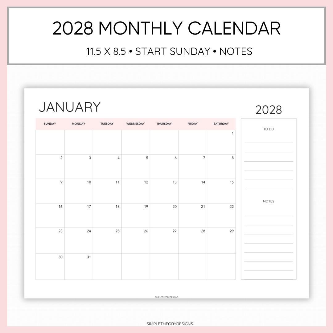 2028 Monthly Calendar With Notes Field Minimalist Simple Printable - Etsy