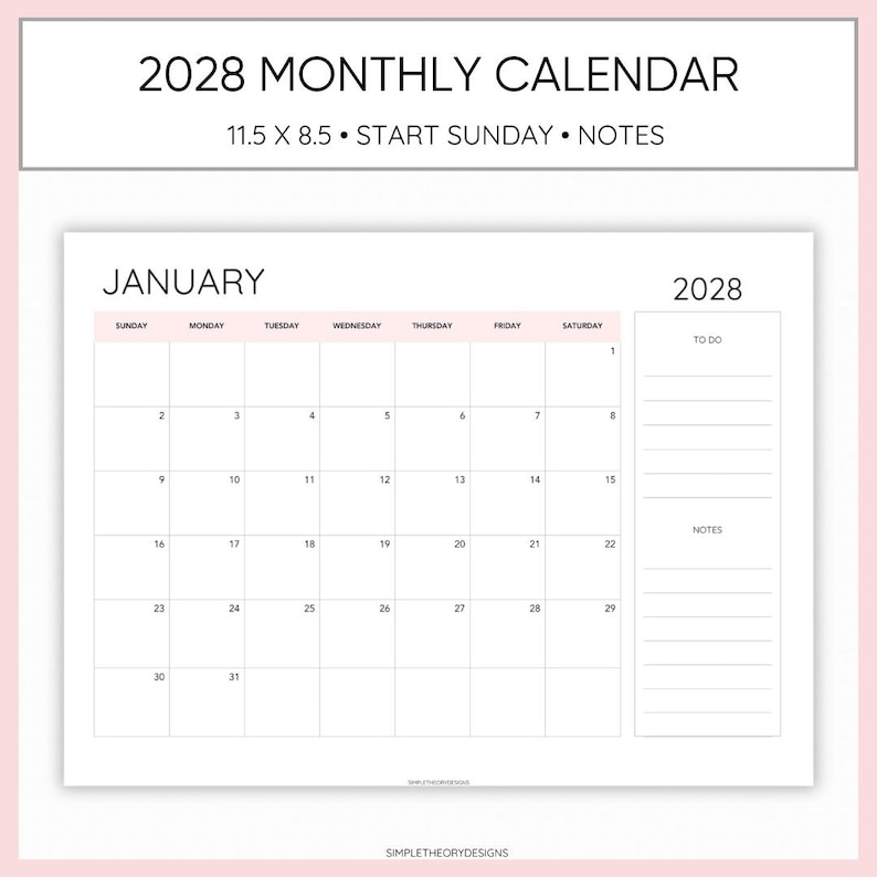 2028 Monthly Calendar With Notes Field Minimalist Simple Printable - Etsy