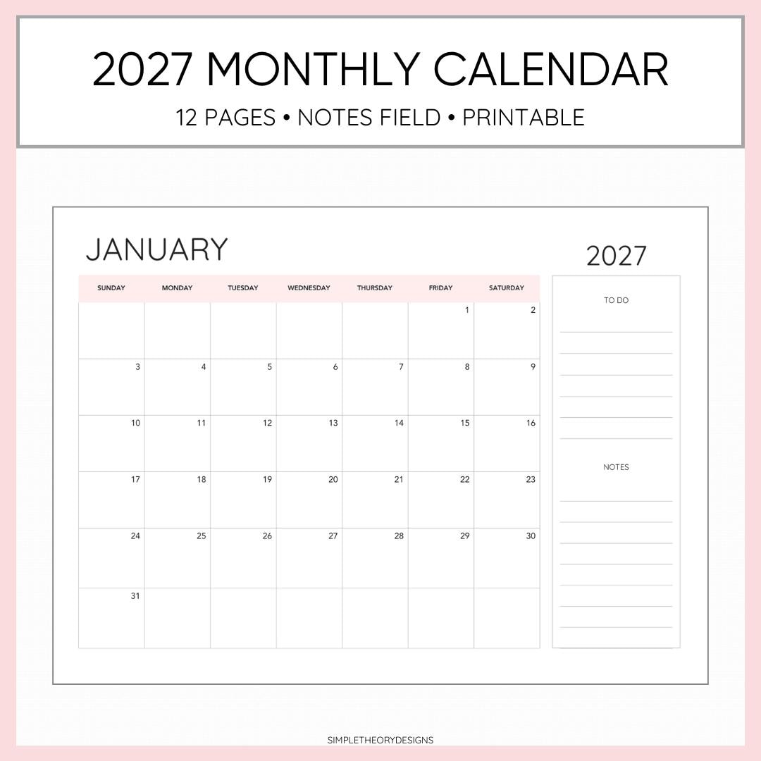 2027 Monthly Calendar With Notes to Do Printable Simple Landscape ...