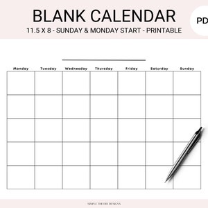 Blank Calendar Sunday & Monday Start Monthly Minimalist Printable ...