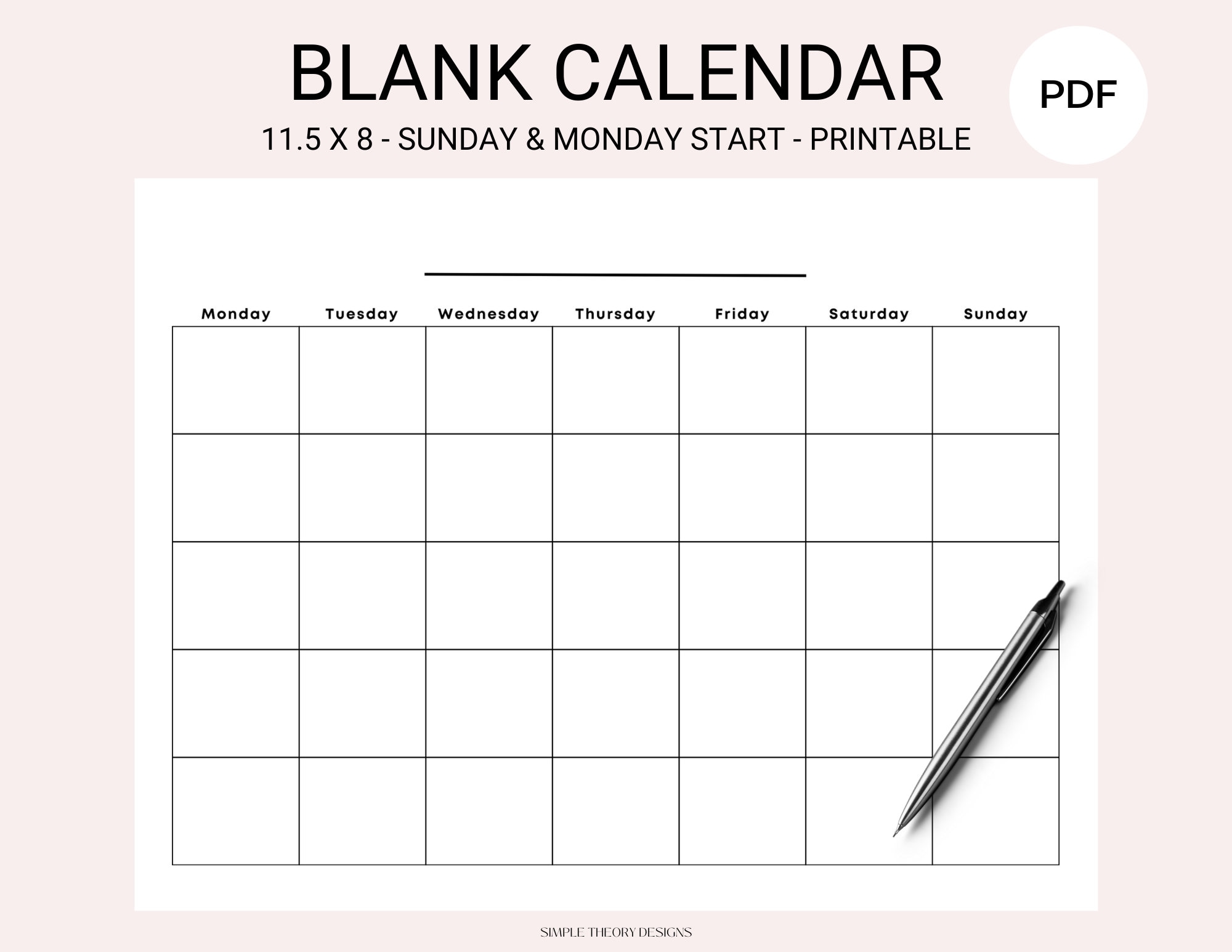 Blank Calendar Sunday & Monday Start Monthly Minimalist Printable ...
