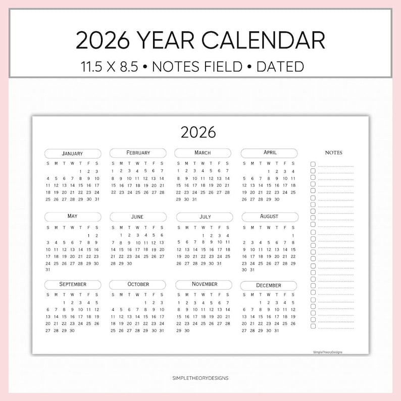 2026 Year at A Glance Calendar With Notes Field Minimalist Simple ...