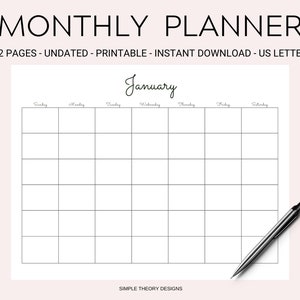 Blank Calendar Monthly 12 Month Printable Digital Instant Download ...