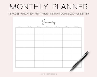 12 Month Printable PDF Monthly Blank Calendar, Goodnotes,basic Calendar ...