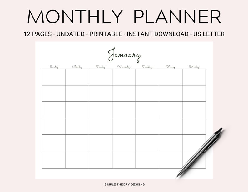 Blank Calendar Monthly 12 Month Printable Digital Instant Download ...