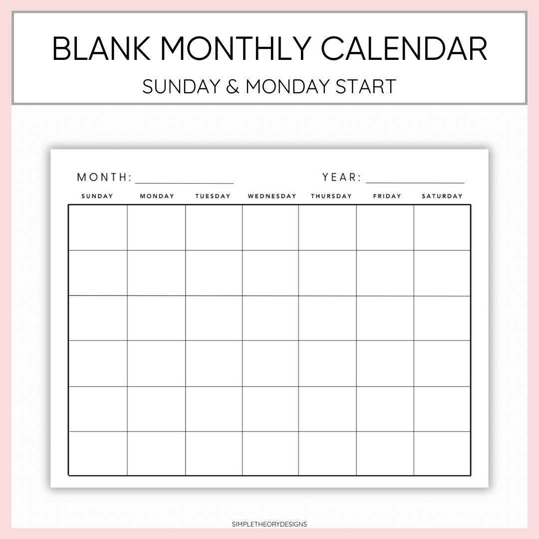 Blank Perpetual Printable Calendar Monthlysunday & Monday Start Simple ...