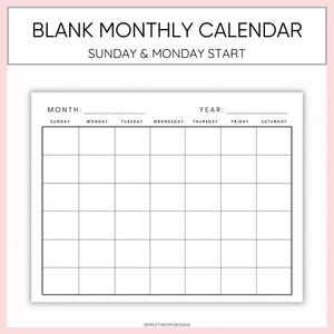 Blank Perpetual Printable Calendar Monthlysunday & Monday Start Simple ...