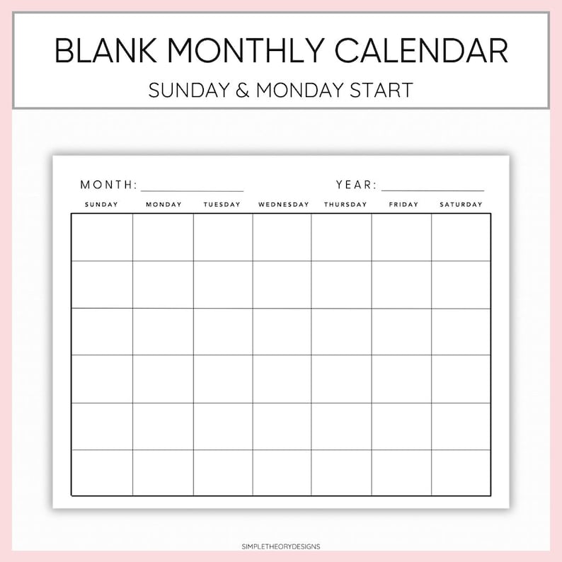 Blank Perpetual Printable Calendar Monthlysunday & Monday Start Simple ...
