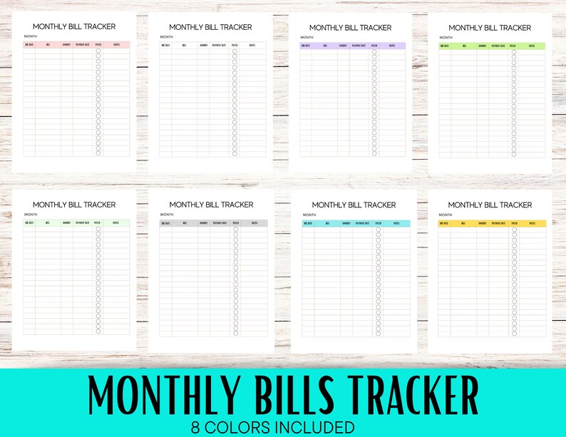 Monthly Bill Tracker: Minimalist Organizer in 8 Colors (PDF) - Etsy