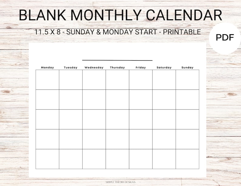 Blank Calendar Sunday & Monday Start Monthly Minimalist Printable ...