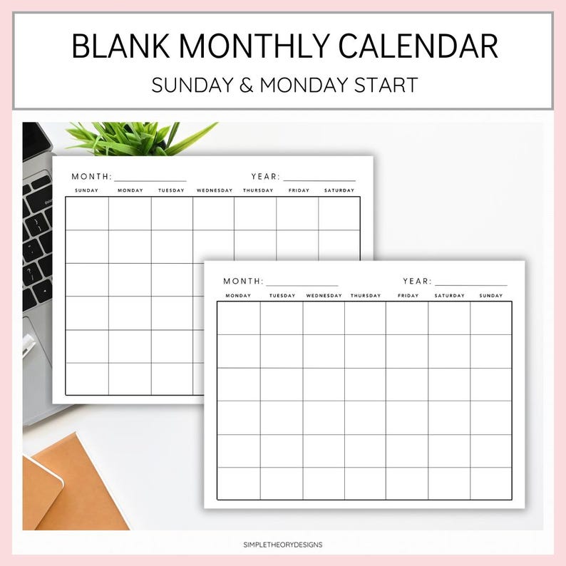 Blank Perpetual Printable Calendar Monthlysunday & Monday Start Simple ...