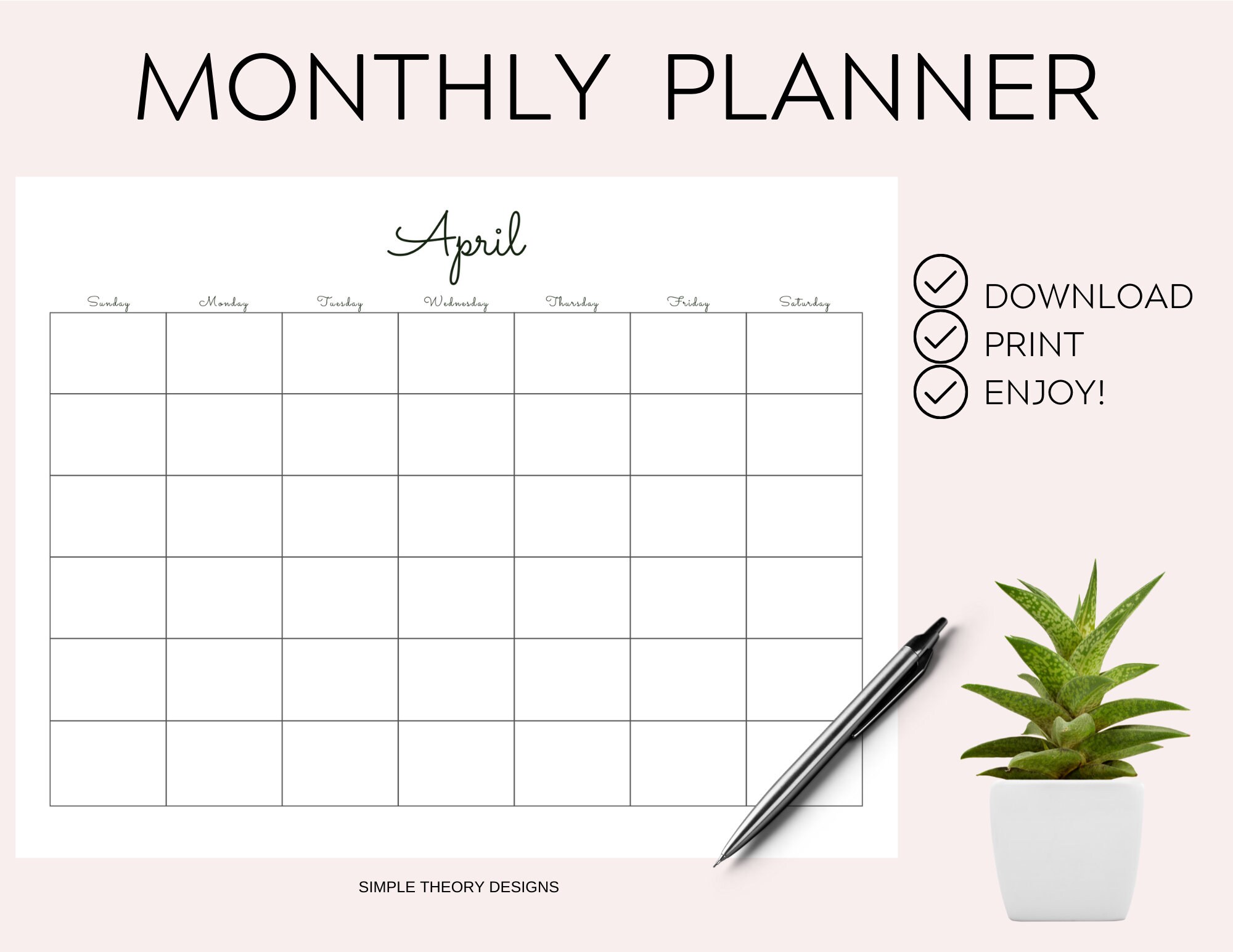 Blank Calendar Monthly 12 Month Printable Digital Instant Download ...