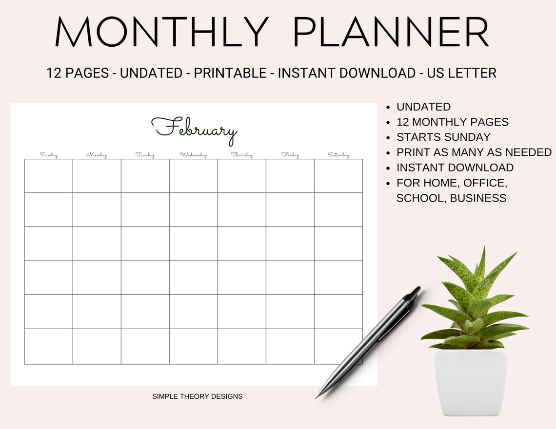 Blank Calendar Monthly 12 Month Printable Digital Instant Download ...