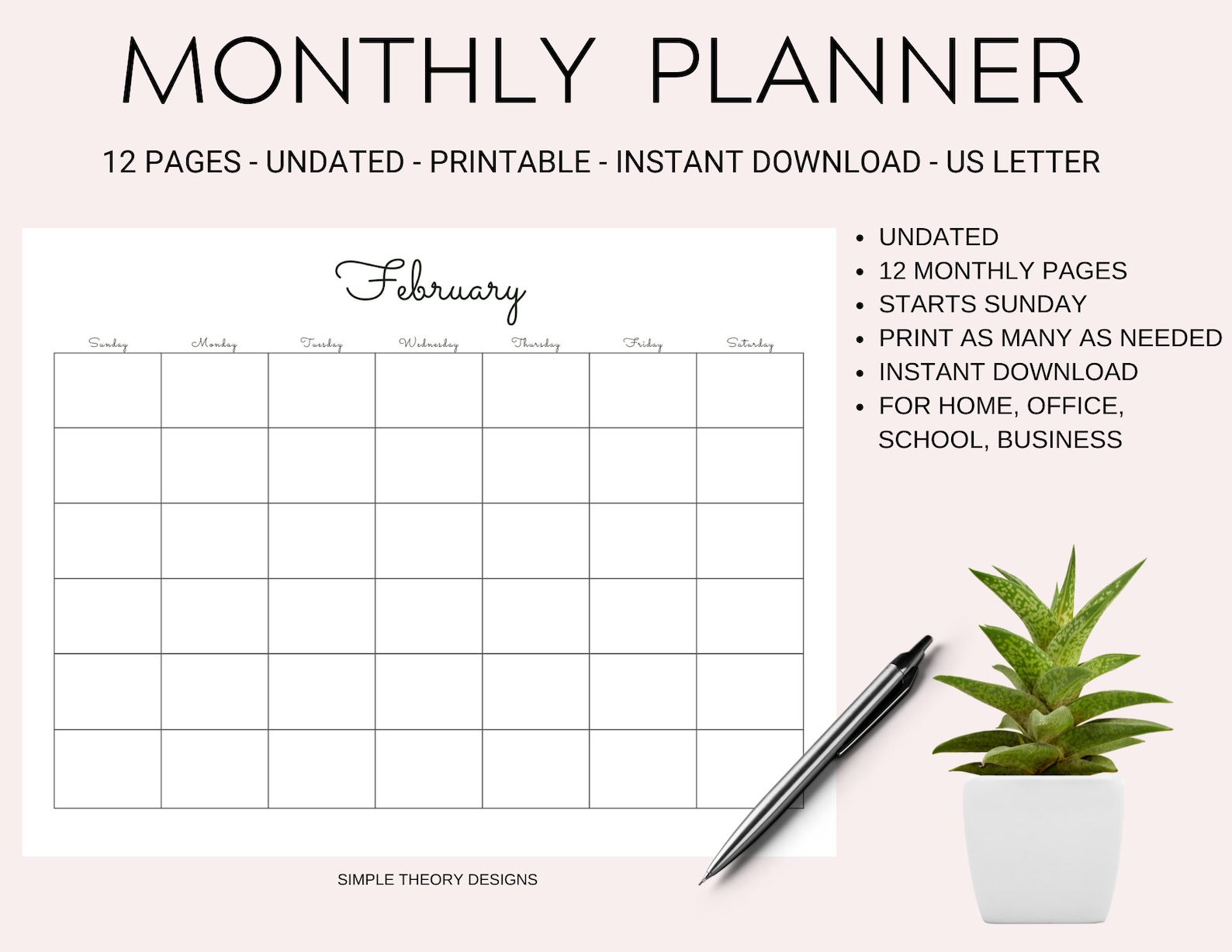Blank Calendar Monthly 12 Month Printable Digital Instant Download ...