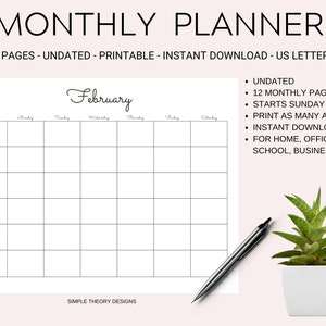 Blank Calendar Monthly 12 Month Printable Digital Instant Download ...