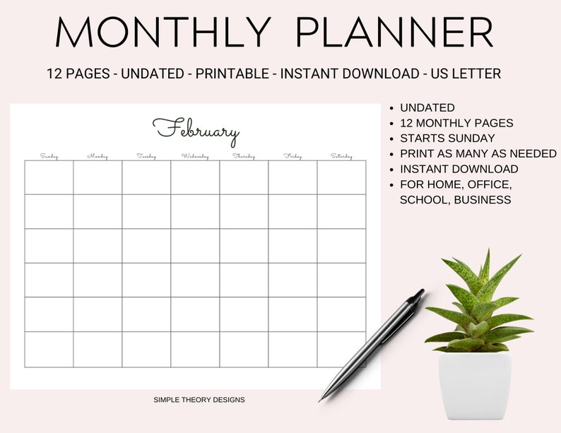 Blank Calendar Monthly 12 Month Printable Digital Instant Download ...