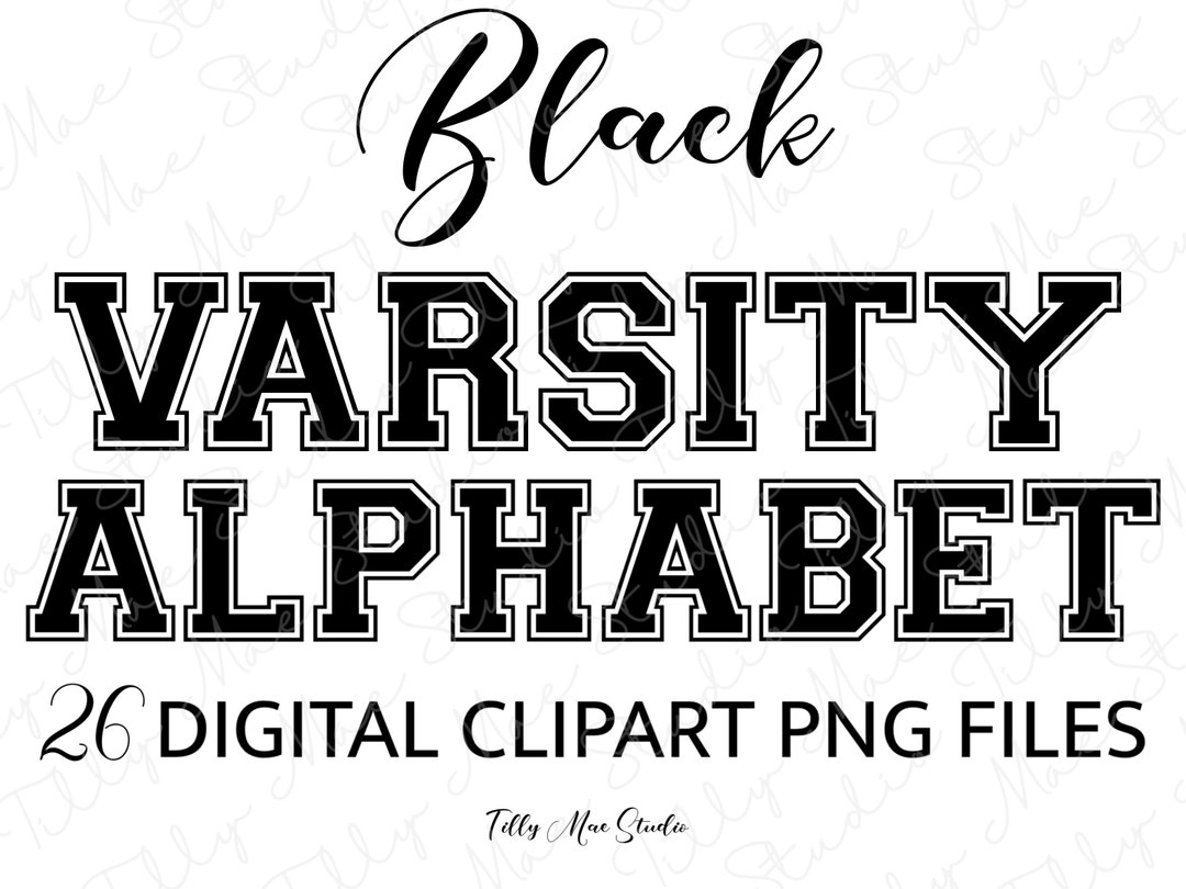 Black Varsity Alphabet PNG: Digital Font Clipart for Sublimation ...